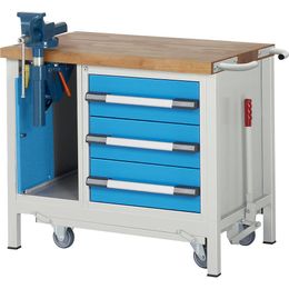 eurokraft pro Fahr- und absenkbare Werkbank, Gestellbauweise Serie 8000, 3 Schubladen, Klapplift-Schraubstock, BxT 1000 x 700 mm