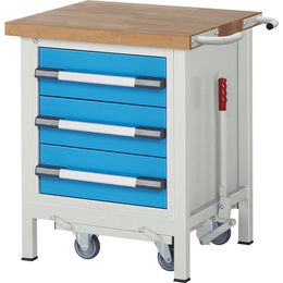 eurokraft pro Fahr- und absenkbare Werkbank, Gestellbauweise Serie 8000, 3 Schubladen, Ablageboden, BxT 750 x 700 mm