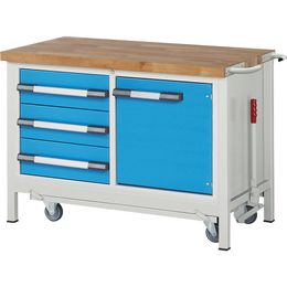 eurokraft pro Fahr- und absenkbare Werkbank, Gestellbauweise Serie 8000, 3 Schubladen, 1 Tür, BxT 1250 x 700 mm