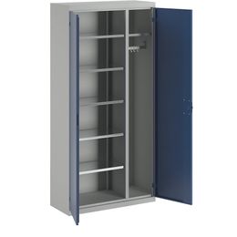 eurokraft pro Putzmittelschrank, 6 Fachböden, 1 Kleiderstange, Tiefe 400 mm, lichtgrau / enzianblau