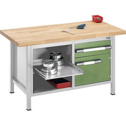 eurokraft pro H&ouml;henverstellbare Werkbank, Gestellbauweise, 1 Schublade, 1 T&uuml;r, 1 Auszugboden, Breite 1500 mm, lichtgrau / gr&uuml;n