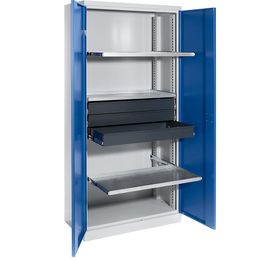 eurokraft pro Materialschrank, Breite 950 mm, 3 Ausziehböden, 3 Schubladen, Tür enzianblau