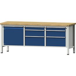 ANKE Werkbank, Gestellbauweise Serie V, 1 T&uuml;r 540 mm, 6 Schubladen, Buche massiv, Teilauszug
