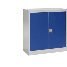 Mauser Stahlschrank mit Fl&uuml;gelt&uuml;ren, 2 Fachb&ouml;den, H&ouml;he 1016 mm, lichtgrau / ultramarinblau