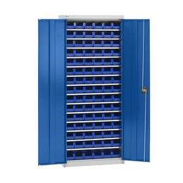 eurokraft pro Materialschrank mit Lagerk&auml;sten, H&ouml;he 1575 mm, 14 Fachb&ouml;den, lichtgrau / enzianblau