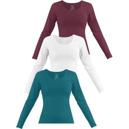 Janice 3 x Damen Langarmshirt Nimes in Petrol/Weiß/Burgund | Gr.: XS/S