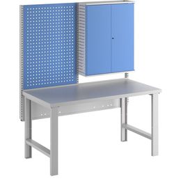 treston Werkbank, Baukastensystem, mit 1 Lochplatte und Werkzeugschrank, Stahlblech-Platte, BxT 1500 x 750 mm