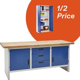 eurokraft basic Deal: Werkbank inkl. Materialschrank zum 1/2 Preis, HxBxT 850 x 2000 x 750 mm (Werkbank), Buche-Massivholzplatte