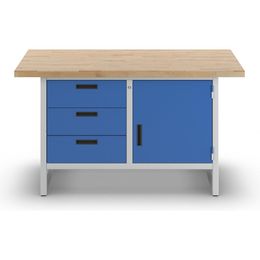 eurokraft basic Werkbank mit geschlossenen Seiten, 3 Schubladen, 1 T&uuml;r, Breite 1500 mm, lichtgrau / enzianblau
