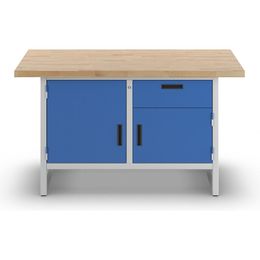 eurokraft basic Werkbank mit geschlossenen Seiten, 1 Schublade, 2 T&uuml;ren, Breite 1500 mm, lichtgrau / enzianblau