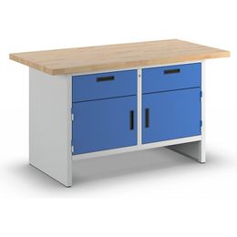 eurokraft basic Werkbank mit geschlossenen Seiten, 2 Schubladen, 2 T&uuml;ren, Breite 1500 mm, lichtgrau / enzianblau