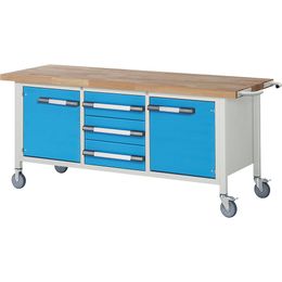 eurokraft pro Fahrbare Werkbank Serie 8000, Gestellbauweise, 3 Schubladen, 2 Türen, BxT 2000 x 700 mm