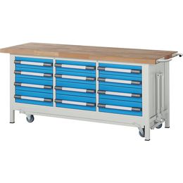 eurokraft pro Fahr- und absenkbare Werkbank, Gestellbauweise Serie 8000, 12 Schubladen, BxT 2000 x 700 mm