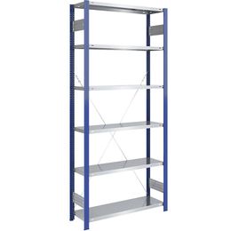 eurokraft pro Steckregal, Bauart leicht, einseitig, HxBxT 2500 x 1000 x 400 mm, blau/verzinkt, Grundregal