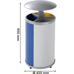 Var Wertstoffsammler, rund, Volumen 3 x 30 l, Hx&Oslash; 950 x 420 mm, mit Dach, gelb, blau, grau