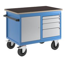 eurokraft pro Montagewagen, 1 Schrank, 1 Schubladenschrank, bicolor, Korpus lichtblau, Fronten wei&szlig;aluminium, Multiplex-Arbeitsplatte