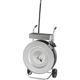 ratioform Bandabroller f&uuml;r PP-, PET- und PET-Schwerlastband, f&uuml;r Bandbreite 13 - 19 mm, fahrbar, mit Ablagefach und Ablaufbremse