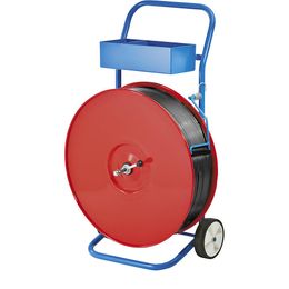 ratioform Bandabroller f&uuml;r PP-, PET- und Kompositband, f&uuml;r Bandbreite 12,7 - 25 mm, fahrbar, mit Ablagefach und B&uuml;gelbremse