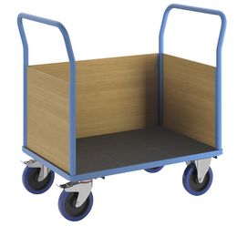 eurokraft pro Plattformwagen mit Holzw&auml;nden, Vollelastik-Rollen, 3 hohe W&auml;nde, Ladefl&auml;chen-LxB 995 x 675 mm