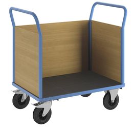 eurokraft pro Plattformwagen mit Holzw&auml;nden, mit 3 hohen W&auml;nden, LxB 1050 x 700 mm, Vollgummireifen