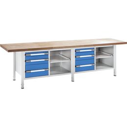eurokraft pro Höhenverstellbare Werkbank, Gestellbauweise, Breite 3000 mm, 6 Schubladen, grau / blau
