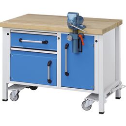 eurokraft pro Kompaktwerkbank mit absenkbarem Fahrwerk und Schraubstock, Buchemassivplatte, BxTxH 1270 x 700 x 850 mm
