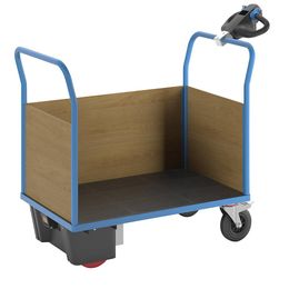 eurokraft pro Plattformwagen mit Elektroantrieb, 3 hohe MDF-W&auml;nde, LxBxH 1420 x 700 x 1300 mm