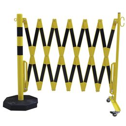 CrashStop Sperrpfosten mit Scherengitter, Rundrohr &Oslash; 60 mm, mit mobiler Fu&szlig;platte, gelb / schwarz, L&auml;nge max. 4000 mm