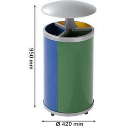 Var Wertstoffsammler, rund, Volumen 3 x 30 l, Hx&Oslash; 950 x 420 mm, mit Dach, gelb, blau, gr&uuml;n