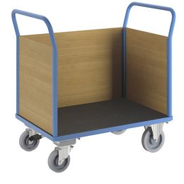 eurokraft pro Plattformwagen mit Holzw&auml;nden, mit 3 hohen W&auml;nden, Zentralstopp, LxB 1150 x 700 mm, Vollelastik