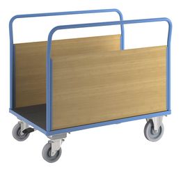 eurokraft pro Plattformwagen mit Holzw&auml;nden, mit 2 hohen L&auml;ngsw&auml;nden, Zentralstopp, LxB 1250 x 870 mm, Vollelastik