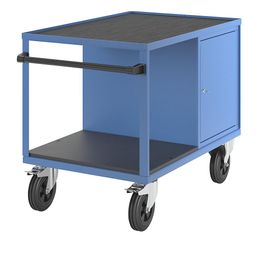 eurokraft pro Montagewagen, Tragfähigkeit 500 kg, 1 Schrank rechts, Arbeitsfläche aus Riefengummimatte, lichtblau RAL 5012