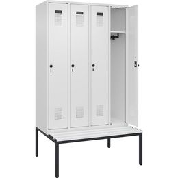 Spind Evolo PLUS Sitzbank, 4 Abteile, wei&szlig;, B 1200 mm, Sicherheits-Drehriegel, mit untergebauter Sitzbank, Kunststoff kaiserkraft