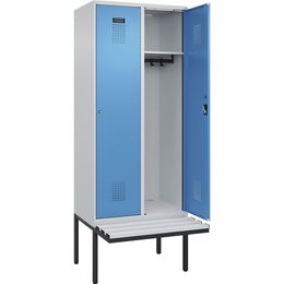 Spind Evolo PLUS Sitzbank, 2 Abteile, lichtgrau / lichtblau, B 800 mm, Zylinderschloss, mit auskragender Sitzbank, Kunststoff kaiserkraft