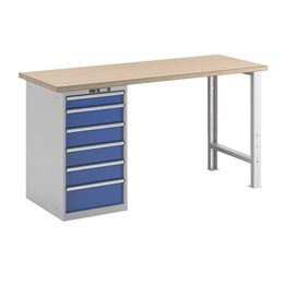 LISTA Werkbank im Baukastensystem, Höhe 1040 mm, Unterstellschrank, 6 Schubladen, enzianblau, Tischbreite 2000 mm