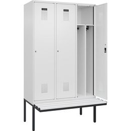 Schwarz-Weiß-Spind Evolo PLUS Sitzbank, schmal, 3 Abteile, Trennwand verkürzt, weiß, B 1200 mm, Zylinderschloss, mit auskragender Sitzbank, Kunststoff kaiserkraft