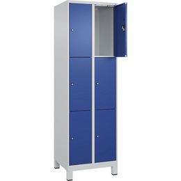 3er-Schlie&szlig;fachschrank Evolo PLUS, 2 Abteile, lichtgrau / enzianblau, B 600 mm, 6 F&auml;cher, mit breiten F&uuml;&szlig;en, Zylinderschloss kaiserkraft