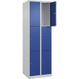 3er-Schlie&szlig;fachschrank Evolo PLUS, 2 Abteile, lichtgrau / enzianblau, B 600 mm, 6 F&auml;cher, mit Bodengleitern, Zylinderschloss kaiserkraft