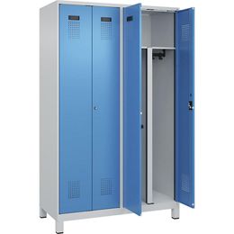 Schwarz-Wei&szlig;-Spind Evolo PLUS, 2 Abteile, Trennwand verk&uuml;rzt, lichtgrau / lichtblau, B 1200 mm, mit breiten F&uuml;&szlig;en, Zylinderschloss kaiserkraft