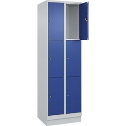 3er-Schlie&szlig;fachschrank Evolo PLUS, 2 Abteile, lichtgrau / enzianblau, B 600 mm, 6 F&auml;cher, mit Bodensockel, Zylinderschloss kaiserkraft