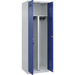 Schwarz-Wei&szlig;-Spind Evolo PLUS, 1 Abteil, Trennwand verk&uuml;rzt, lichtgrau / enzianblau, B 600 mm, mit Bodengleitern, Zylinderschloss kaiserkraft
