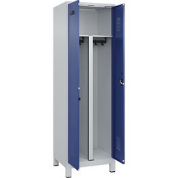 Schwarz-Wei&szlig;-Spind Evolo PLUS, 1 Abteil, Trennwand verk&uuml;rzt, lichtgrau / enzianblau, B 600 mm, mit breiten F&uuml;&szlig;en, Zylinderschloss kaiserkraft