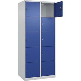 5er-Schlie&szlig;fachschrank Evolo PLUS, 2 Abteile, lichtgrau / enzianblau, B 800 mm, 10 F&auml;cher, mit Bodengleitern, Zylinderschloss kaiserkraft