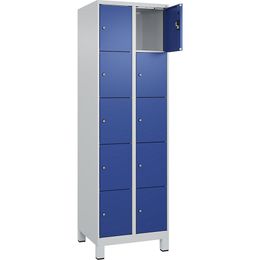 5er-Schlie&szlig;fachschrank Evolo PLUS, 2 Abteile, lichtgrau / enzianblau, B 600 mm, 10 F&auml;cher, mit breiten F&uuml;&szlig;en, Zylinderschloss kaiserkraft