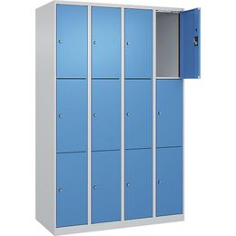 3er-Schlie&szlig;fachschrank Evolo PLUS, 4 Abteile, lichtgrau / lichtblau, B 1200 mm, 12 F&auml;cher, mit Bodengleitern, Zylinderschloss kaiserkraft