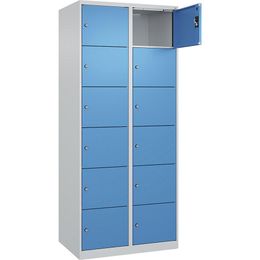 6er-Schlie&szlig;fachschrank Evolo PLUS, 2 Abteile, lichtgrau / lichtblau, B 800 mm, 12 F&auml;cher, mit Bodengleitern, Zylinderschloss kaiserkraft