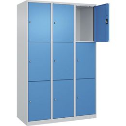 3er-Schlie&szlig;fachschrank Evolo PLUS, 3 Abteile, lichtgrau / lichtblau, B 1200 mm, 9 F&auml;cher, mit Bodengleitern, Zylinderschloss kaiserkraft