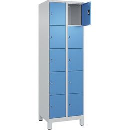 5er-Schlie&szlig;fachschrank Evolo PLUS, 2 Abteile, lichtgrau / lichtblau, B 600 mm, 10 F&auml;cher, mit breiten F&uuml;&szlig;en, Zylinderschloss kaiserkraft