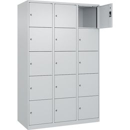 5er-Schlie&szlig;fachschrank Evolo PLUS, 3 Abteile, lichtgrau, B 1200 mm, 15 F&auml;cher, mit Bodengleitern, Zylinderschloss kaiserkraft