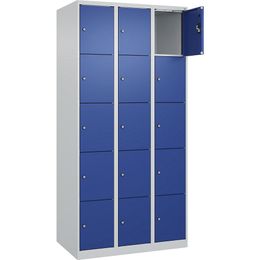 5er-Schlie&szlig;fachschrank Evolo PLUS, 3 Abteile, lichtgrau / enzianblau, B 900 mm, 15 F&auml;cher, mit Bodengleitern, Zylinderschloss kaiserkraft